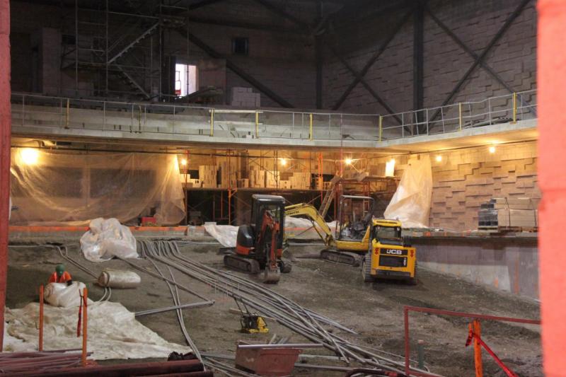 Partridge Hall: Crews work on the main Concert Hall.