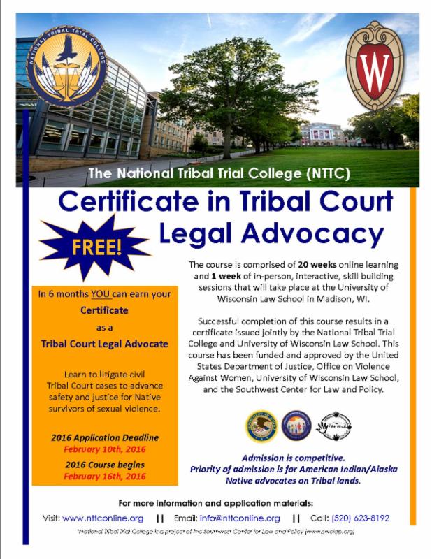 2016 NTTC Tribal Court Legal Advocacy Certificate!